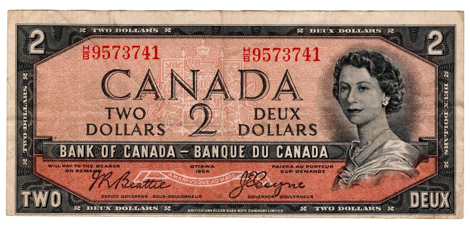 1954 Canada $2 Dollar TWO Devils Face prefix H/B Paper Money Note ...