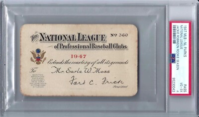 1947 Jackie Robinson Debut Rookie Season National League Ticket Pass ...