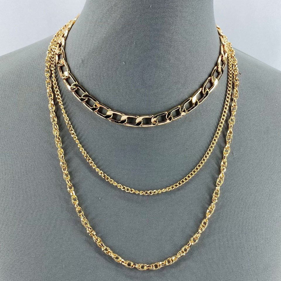 Gold Finish Cuban Link, Rope and Curb Multilayered Chain Necklace | eBay