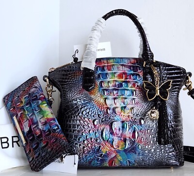 🌹Brahmin Duxbury Black Prism Ombre Leather Bag+Wallet+Butterfly Tassel ...