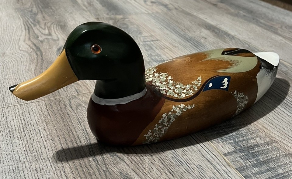 Vtg Emson Wooden Duck Decoy Mallard Drake Glassy Eyes Original 14” Hand ...