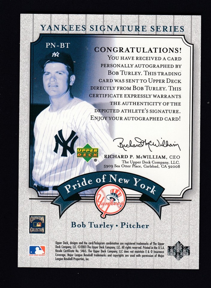 Bob Turley 2003 UD NY Yankees Signature Series On Card Autograph | eBay