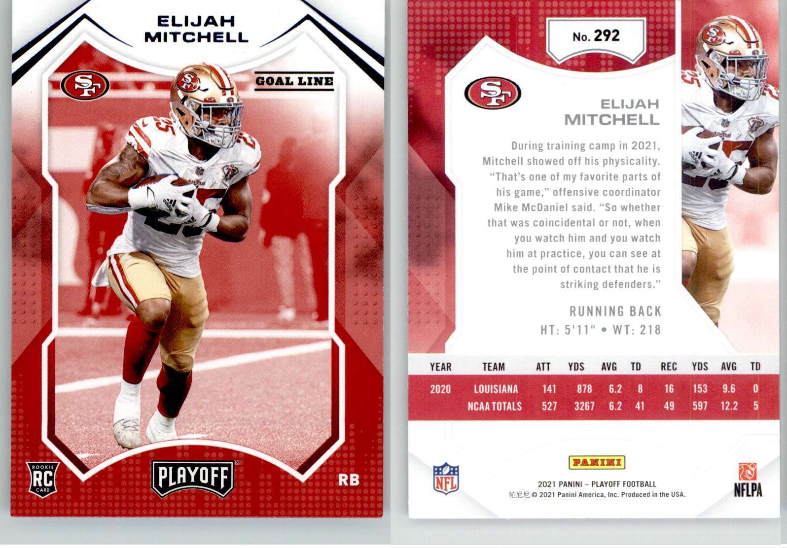 Elijah Mitchell 2021 Playoff Goal Line #292 Louisiana 49ers RC Rookie ...