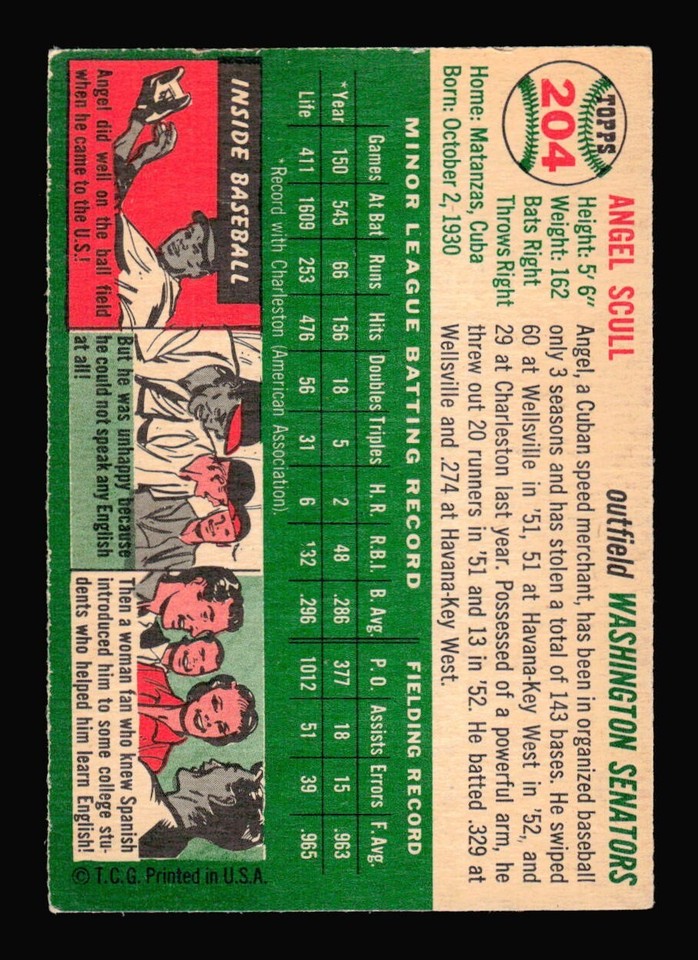 1954 Topps #204 Angel Scull EXMT+ CENTERED Set Break J&J 003 | eBay