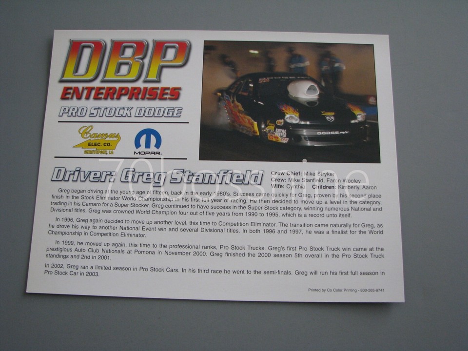 GREG STANFIELD 2003 DBP PRO STOCK DODGE NEON NHRA DRAG RACING HANDOUT ...