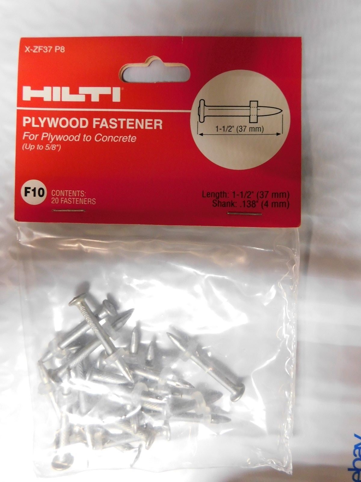 HILTI PLYWOOD FASTENER-X-ZF37 P8-FOR PLYWOOD TO CONCRETE-20 PACKS OF 20 ...