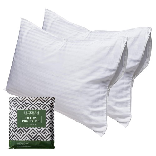 Queen Size White Pillow Protector with Zipper Set of 2, Soft and ...