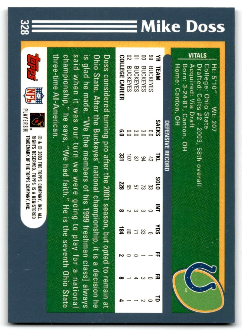 2003 Topps Mike Doss Rookie Indianapolis Colts #328 | eBay