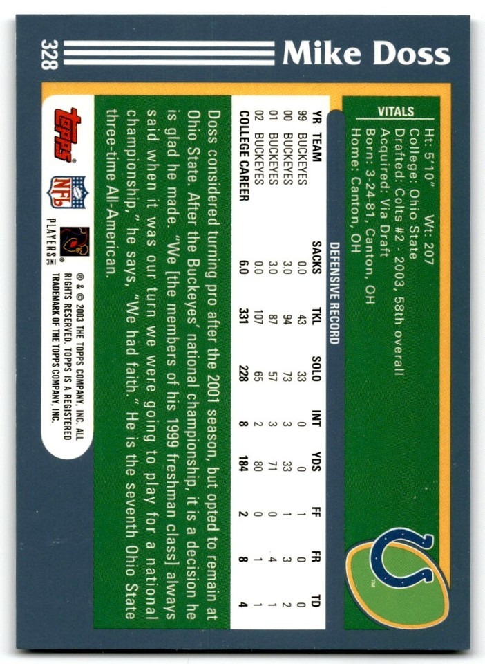 2003 Topps Mike Doss Rookie Indianapolis Colts #328 | eBay