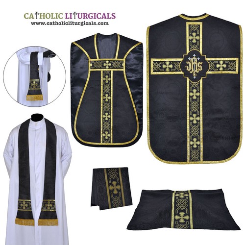 NEW Black Roman Fiddleback Chasuble, Fiddleback Vestment 5pcs Mass Set ...