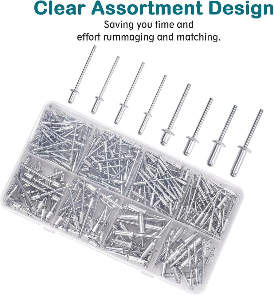 200/620pcs Pop Rivets Assortment Kit Aluminum Blind Rivets 14 Sizes ...