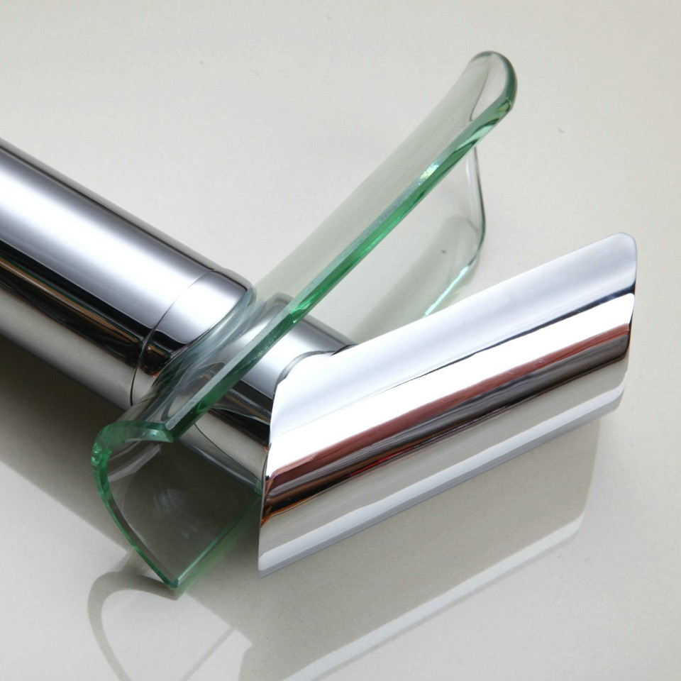 Bathroom Tall Tempered Glass Waterfall Spout Faucet Mixer Tap Chrome ...