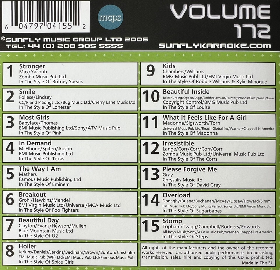 Sunfly Karaoke CDG Disc Vol.172 VGC - Same Day Post* Steps, Pink, Texas ...