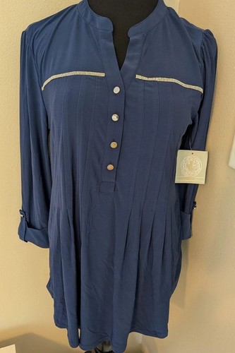 Juniper + Lime Navy Pleated Top w/ Bling Trim Sz. L Blouse 3/4 Sleeves ...