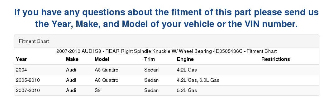 2007-2010 AUDI S8 - REAR Right Spindle Knuckle W/ Wheel Bearing ...