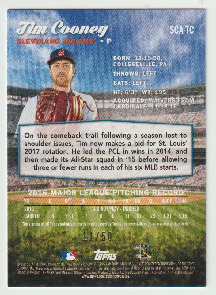 TIM COONEY Indians 2017 Topps Stadium Club Autograph GOLD FOIL SP AUTO ...