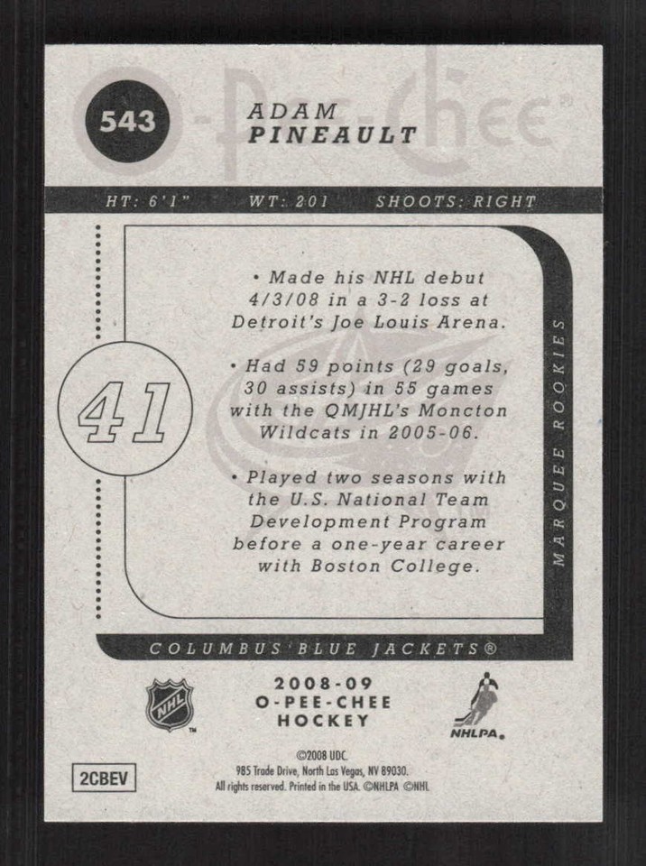 Adam Pineault RC 2008-09 O-Pee-Chee Columbus Blue Jackets #543 | eBay
