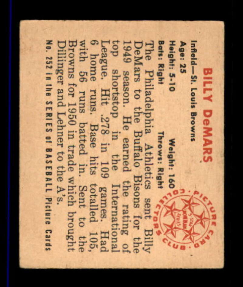 1950 Bowman #252 Billy DeMars EX/EX+ RC Rookie ERR: No Copyright 548856 ...