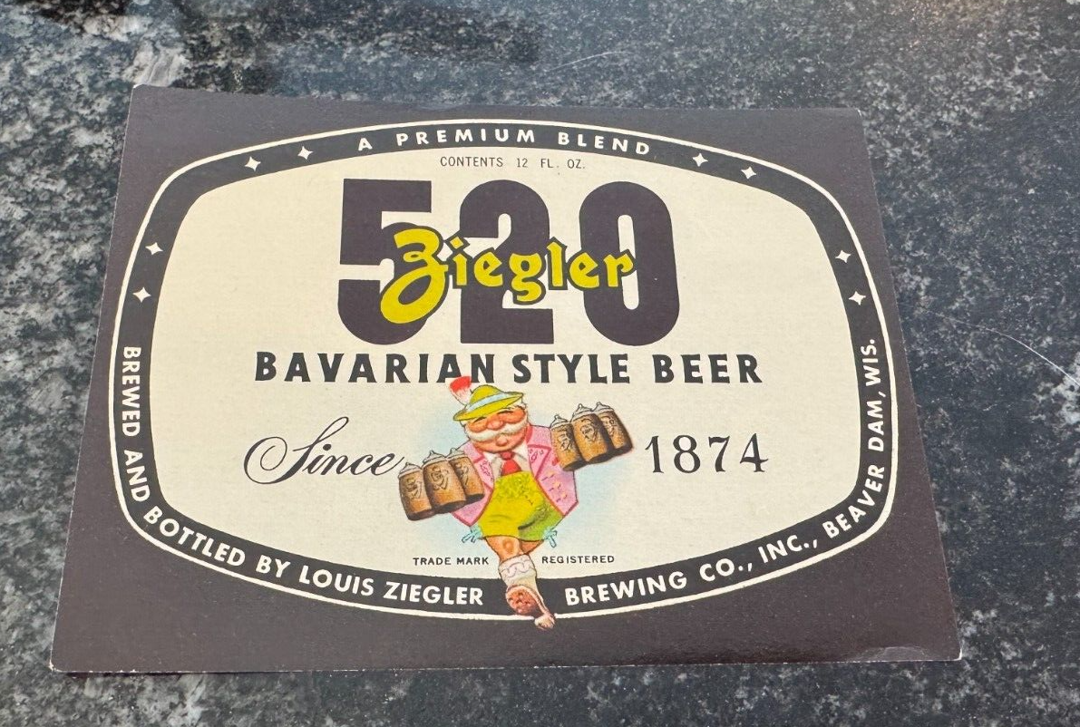 VINTAGE ZIEGLER 520 BEER BOTTLE LABEL LOUIS ZIEGLER BREWING BEAVER DAM ...