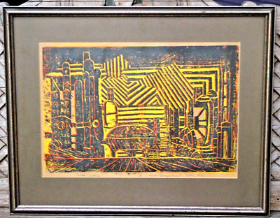1971 Signed Linocut Print 1/1 Ken Duggan 'War Council' Framed Yellow ...