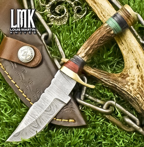 LMK Hand Crafted Hunting Skinner Knife Twist Damascus Stag Antler Gift ...