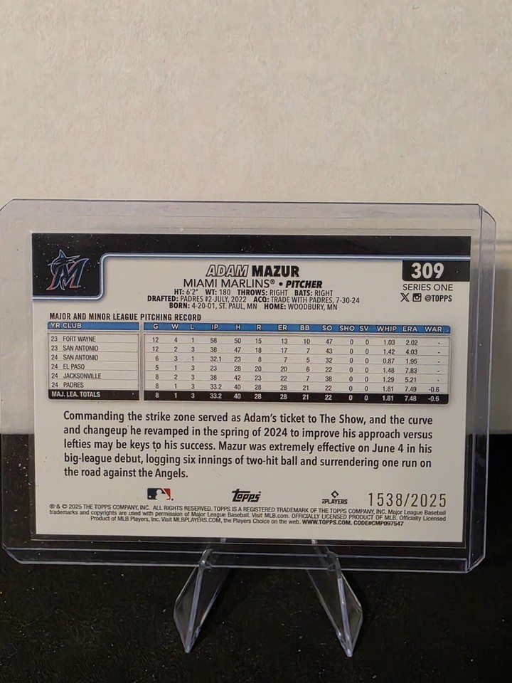 2025 Topps Series 1 Adam Mazur Gold /2025 Marlins RC #309 | eBay
