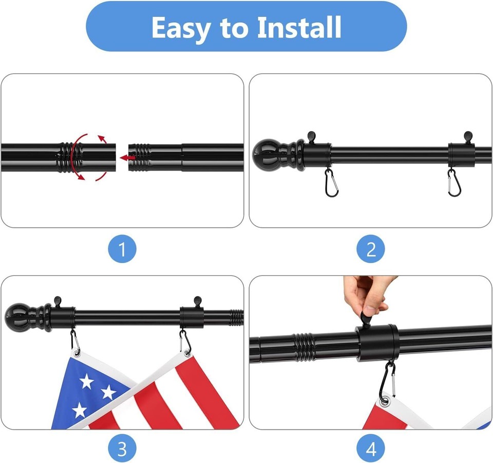 6FT Flag Pole Kit Heavy Duty Bracket Metal Pole With 2 Rotating Rings ...