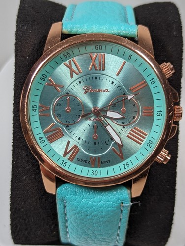 Geneva Blue Dial Round Gold Tone Case Blue Faux Leather Band Watch | eBay