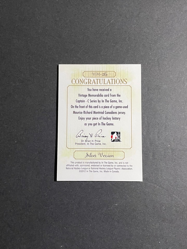 2012 In The Game Henri Richard Captain - C VIntage Memorabilia Card #VM-26 | eBay