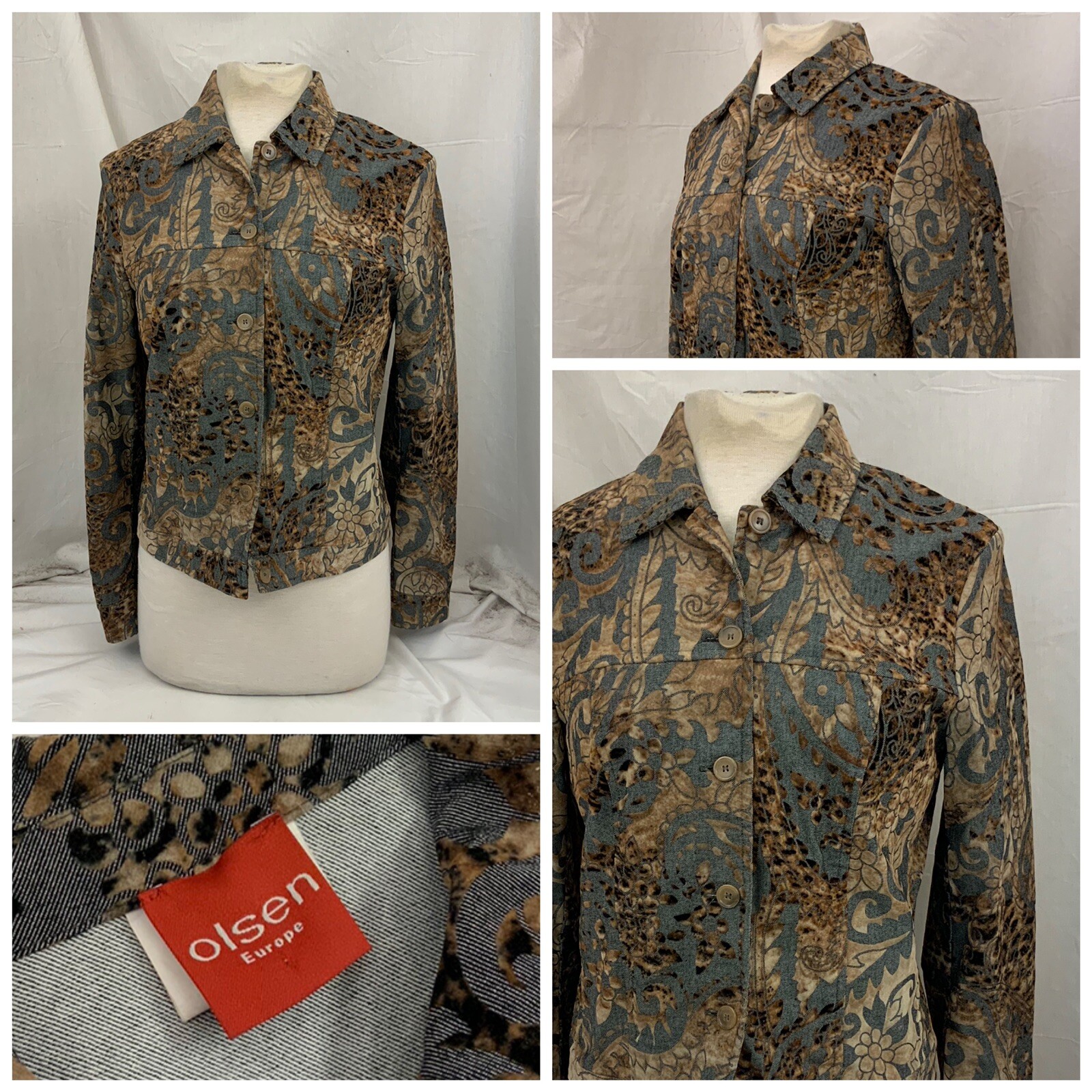 Olsen Europe Jacket Sz 6 Tan Black Cotton Poly Viscose Stretch Button ...