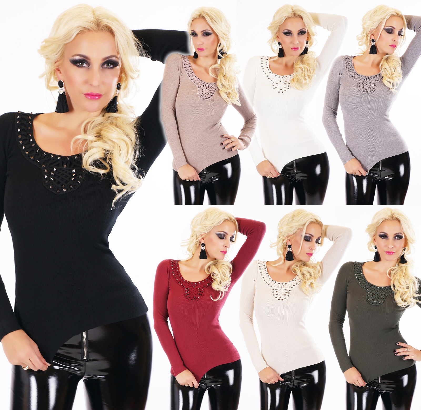 Damen Langarm Pullover kurz Pulli Sweater Fein Strick mit Stachel ...