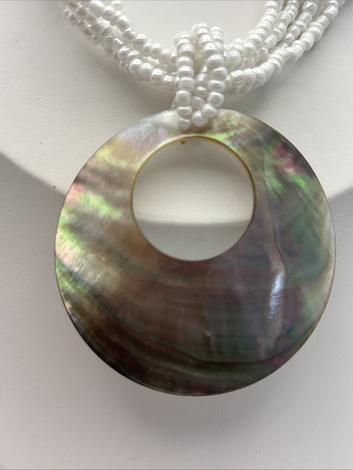 Vintage Mother of Pearl Shell Pendant Necklace Multi Strand White Seed ...