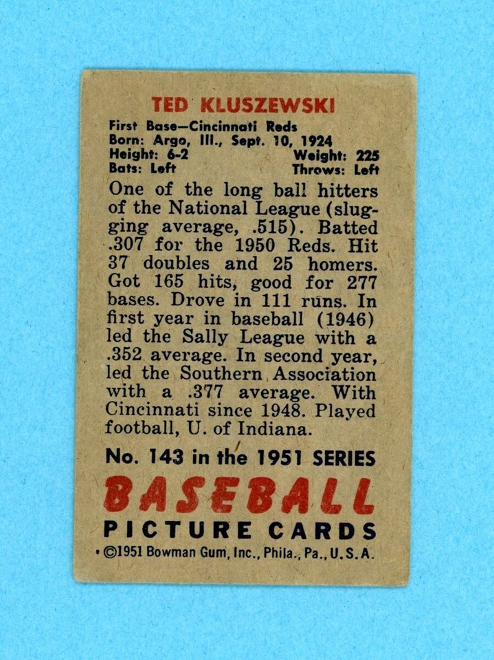1951 Bowman #143 Ted Kluszewski Cincinnati Reds Baseball Card VG -VG+ ...