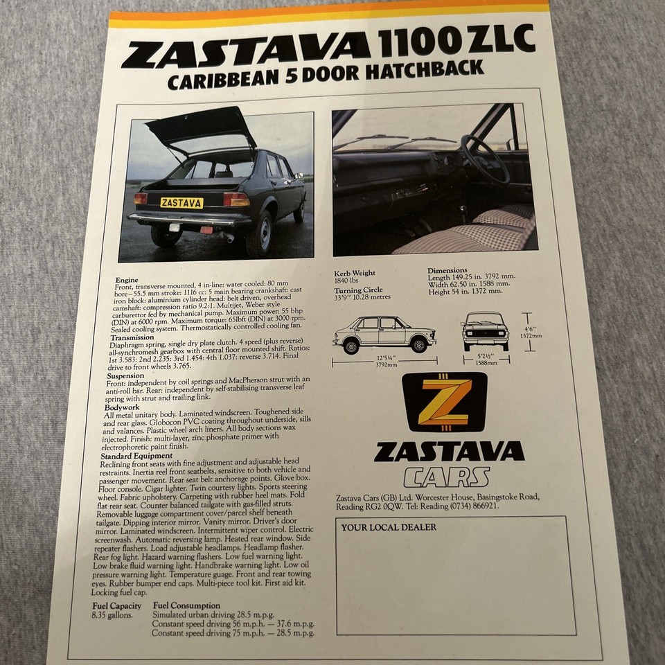 The Zastava 1100 ZLC Caribbean Car Range Car Sales Brochure Flammable ...