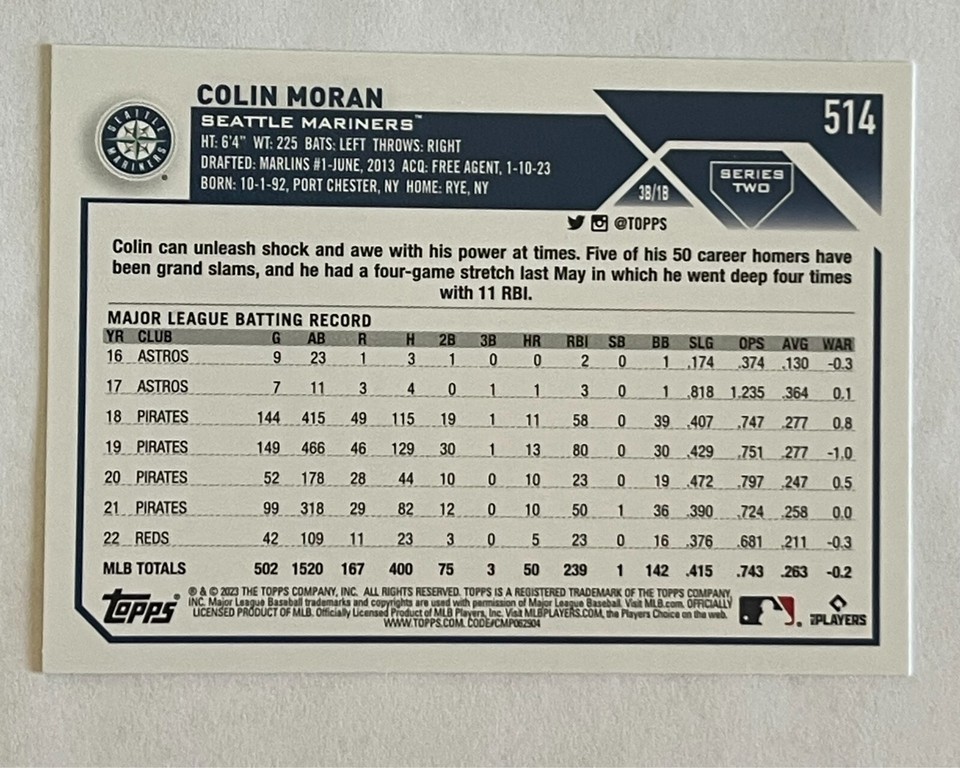 2023 TOPPS COLIN MORAN #514 3B SEATTLE MARINERS BASEBALL CARD | eBay