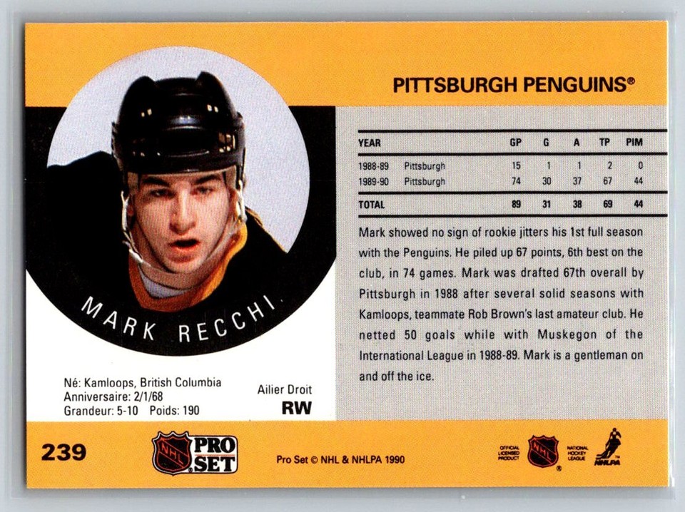 1990-91 Pro Set #239 Mark Recchi Pittsburgh Penguins Rookie Hockey Card ...