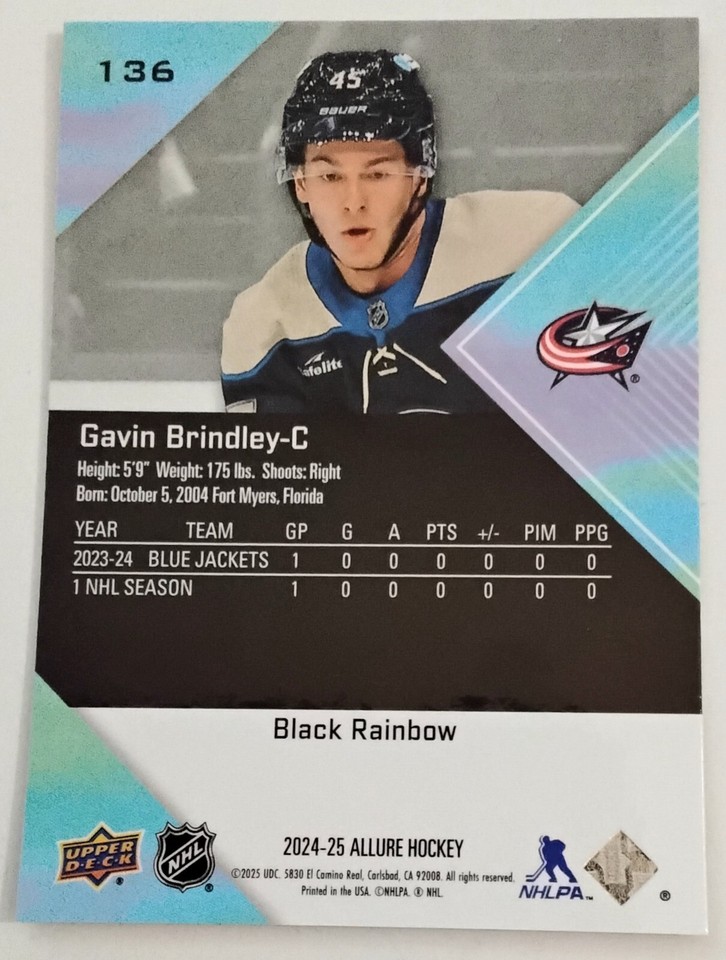 2024-25 GAVIN BRINDLEY Black Rainbow Rookie Columbus Blue Jackets #136 ...