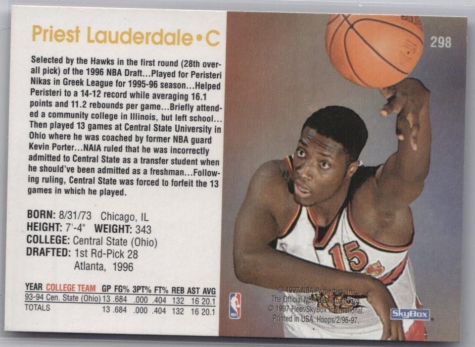 1996-97 NBA Hoops Atlanta Hawks Basketball Card #298 Priest Lauderdale ...