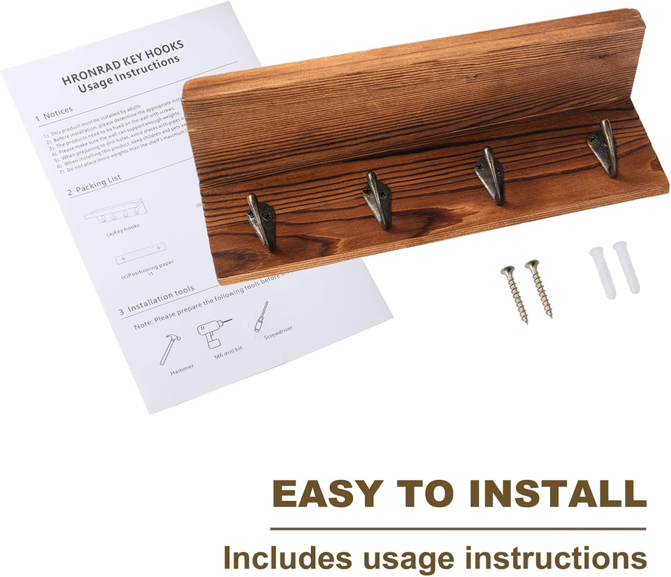Rustic Key Holder for Wall, Farmhouse Wall Shelf with 4 Hooks, Wall ...