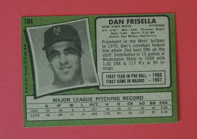 MISCUT 1971 Dan Frisella New York Mets Topps Baseball Card # 104 Exc/NR ...