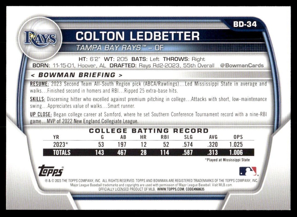 Colton Ledbetter 2023 Bowman Draft BD-34 Tampa Bay Rays Baseball Card ...