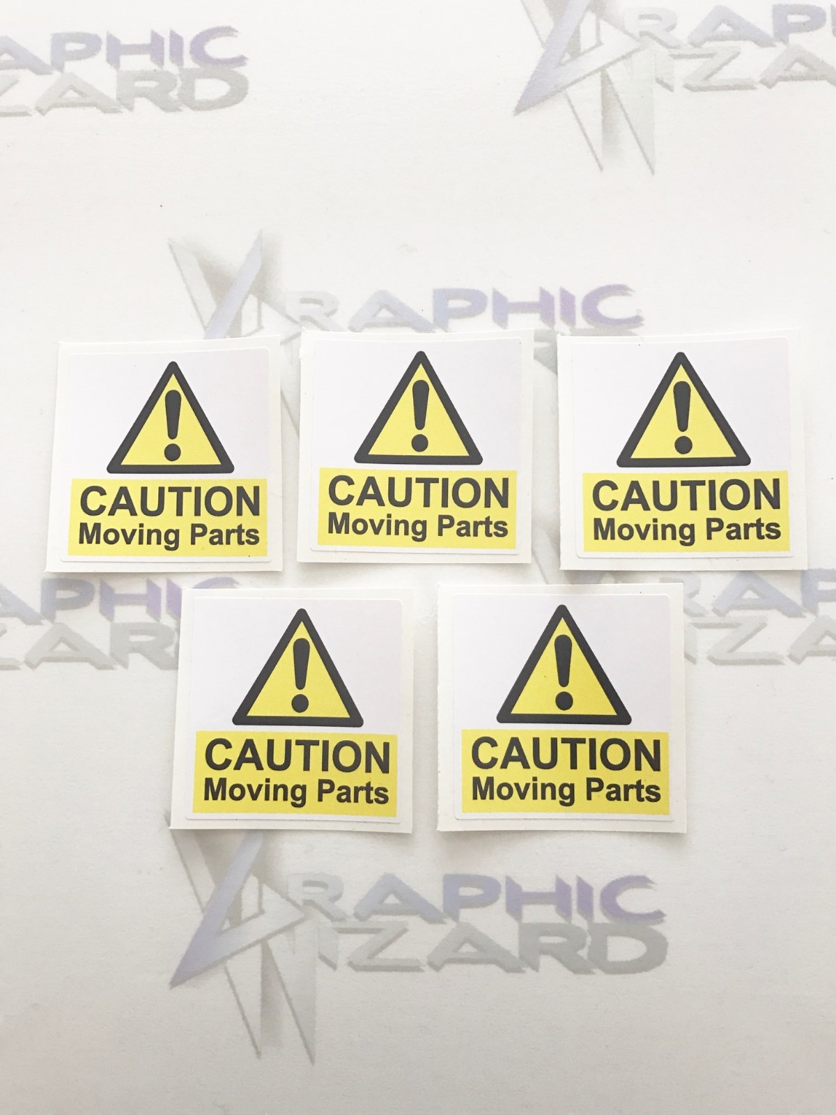 CAUTION MOVING PARTS SELF.ADH STICKER/SIGN. SET OF 5 -50mmx50mm ...