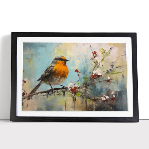 Robin Bird Abstract Framed Canvas Wall Art Print Poster Picture, Home ...