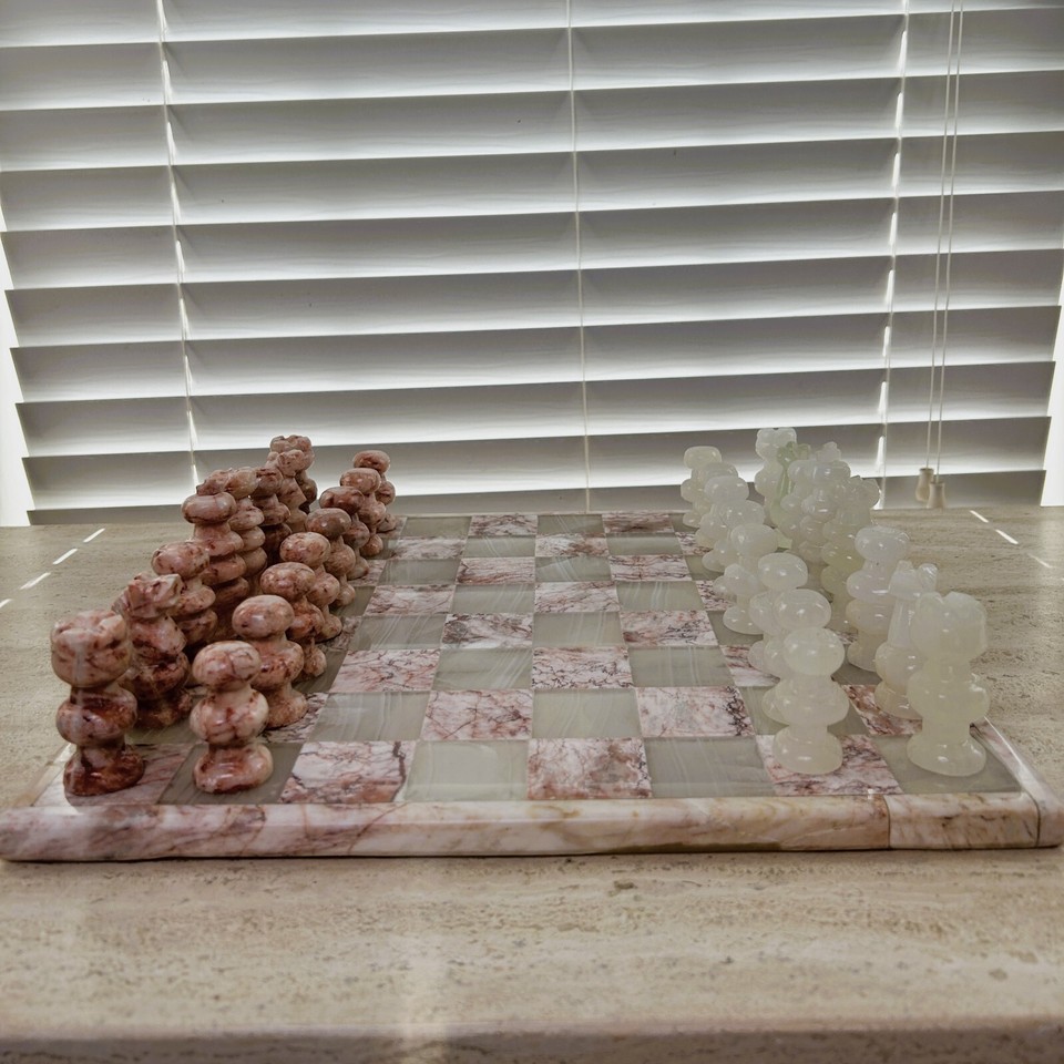 Onyx Chess Set Pink White 32 Pieces Board 13.75" Handmade Marble Chess ...