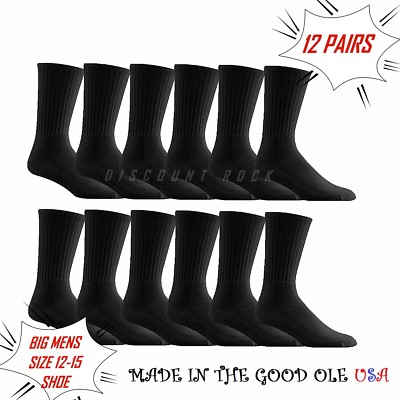 12 Pairs Big Mens Extended Size 12-15 Black Cotton Blend Crew Socks USA ...