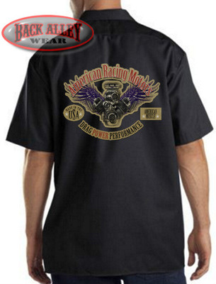 AMERICAN RACING MOTORS Mechanics Work Shirt Biker ~ Drag Power Engines ...