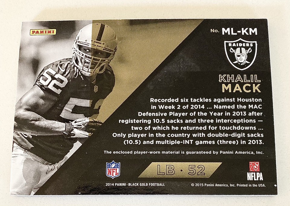 2014 Khalil Mack Panini Black Gold Triple Patch Raiders Rookie Card #ML ...