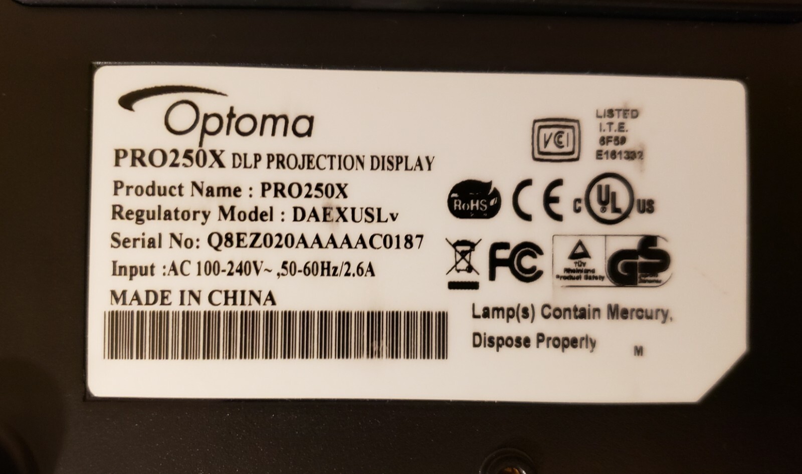 OPTOMA PRO250X DLP PROJECTION DISPLAY HD 1080P DAEXUSLv PROJECTOR ...