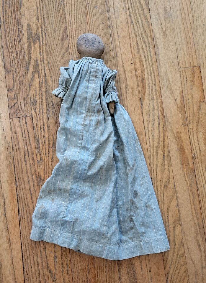 BEST Antique Rag Doll Blue Dress White Pin Stripe Calico Ink Drawn Face ...