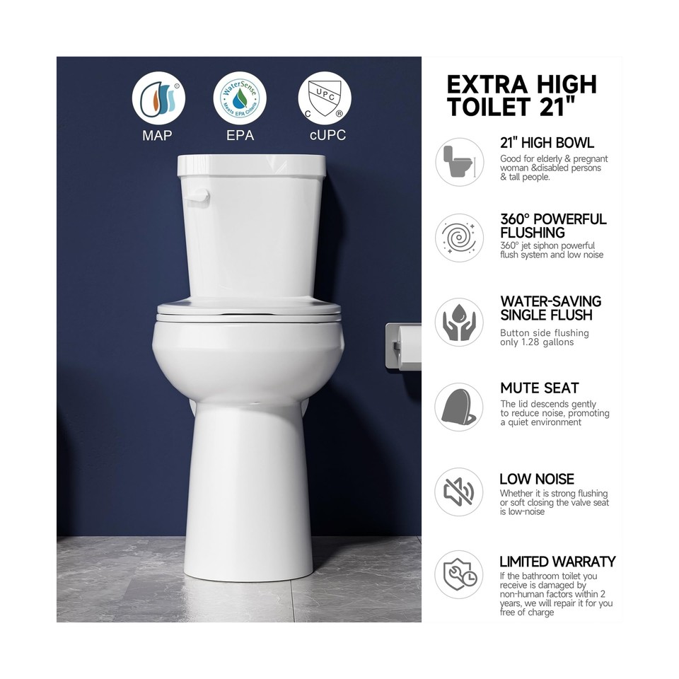 Extra Tall Toilet 21 Inch - High Toilet for Seniors, Round Bowl Toilet ...